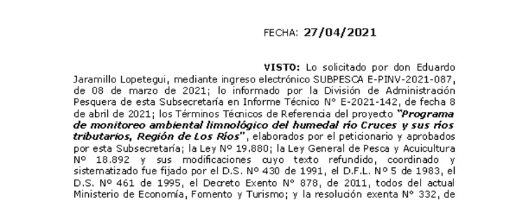 R. EX. Nº E-2021-219 Programa de monitoreo ambiental limnológico del humedal río Cruces y sus ...