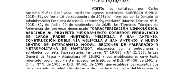 R. EX. N° E-2025-738 AUTORIZA A CARLOS ANSELMO MUÑOZ SEPÚLVEDA, PARA ...